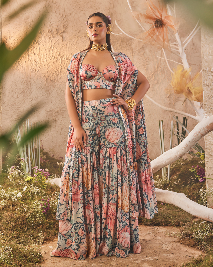 Sara Cape Set with Corset and Sharara Pants