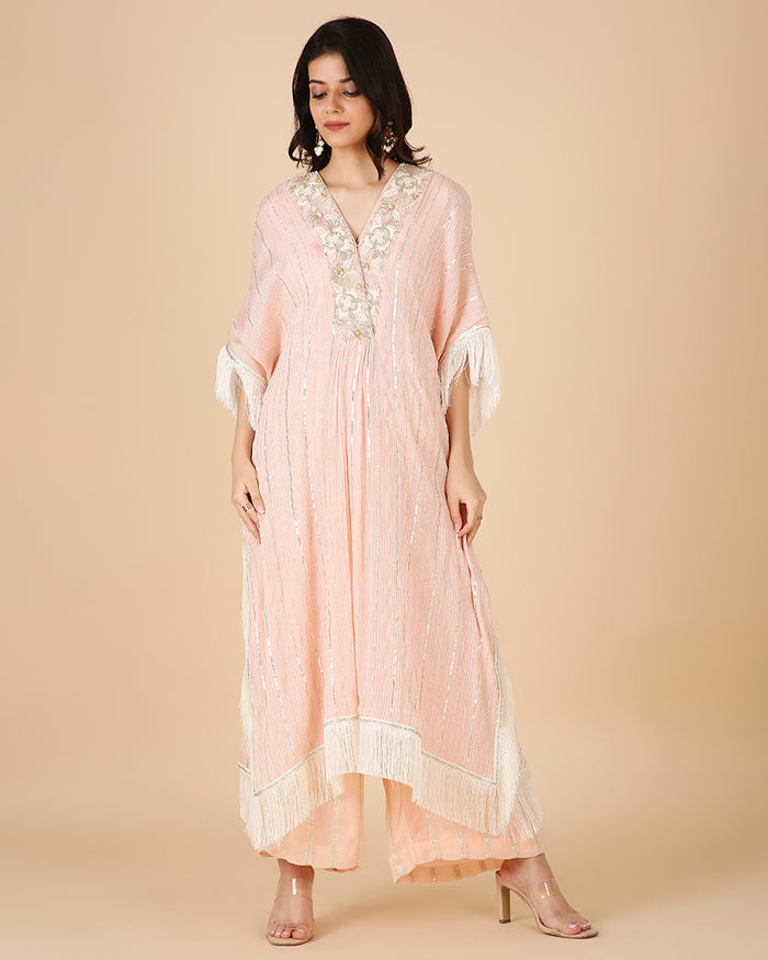 Gota Kaftan in Peach with Overlap Hand-Embroidered Neckline (Long 3 pi