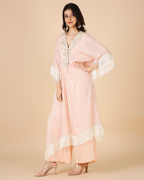 Gota Kaftan in Peach with Overlap Hand-Embroidered Neckline (Long 3 pi